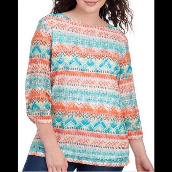 Onque Woman | Tops | Womens Plus Size Batik Stripe Crochet Sleeve Top ...